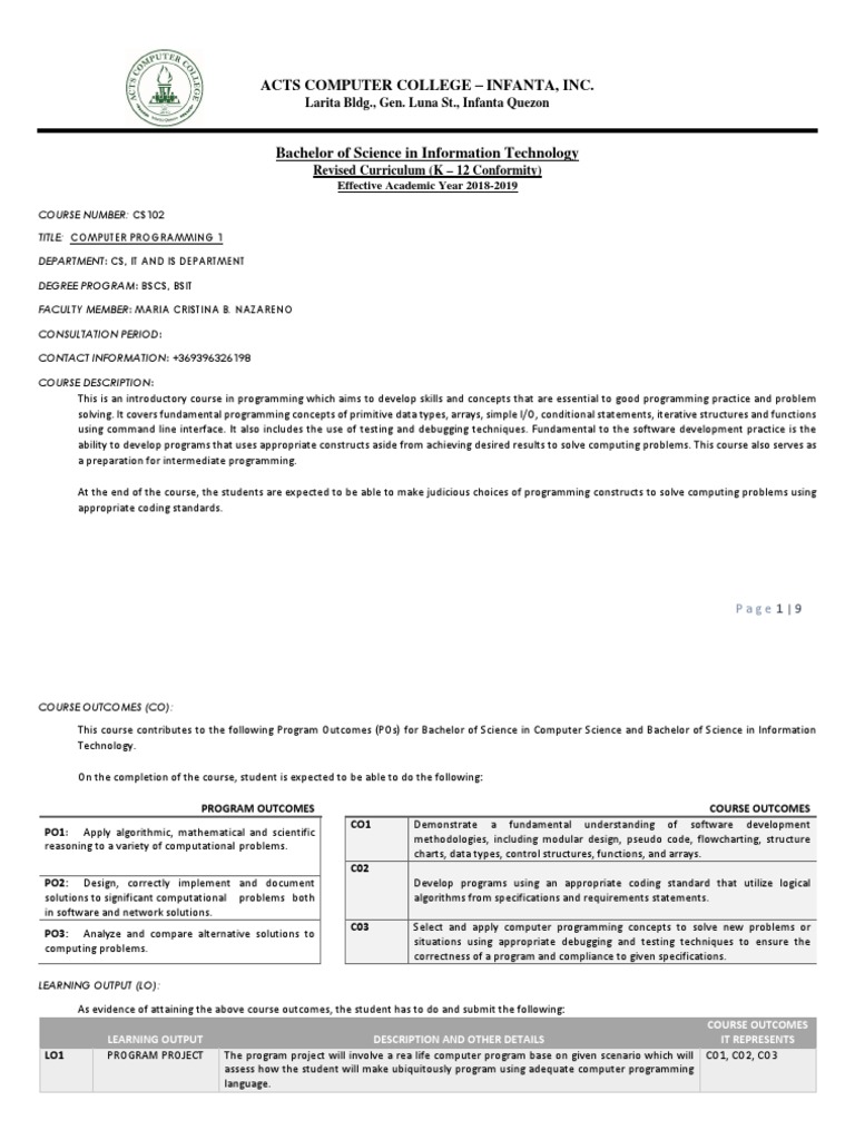 Computer Programming 1 Syllabus | Download Free PDF | Control Flow | Data Type