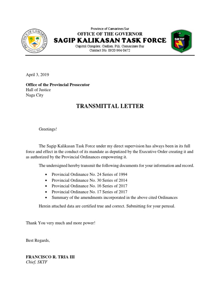 Sagip Kalikasan Task Force: Transmittal Letter | PDF