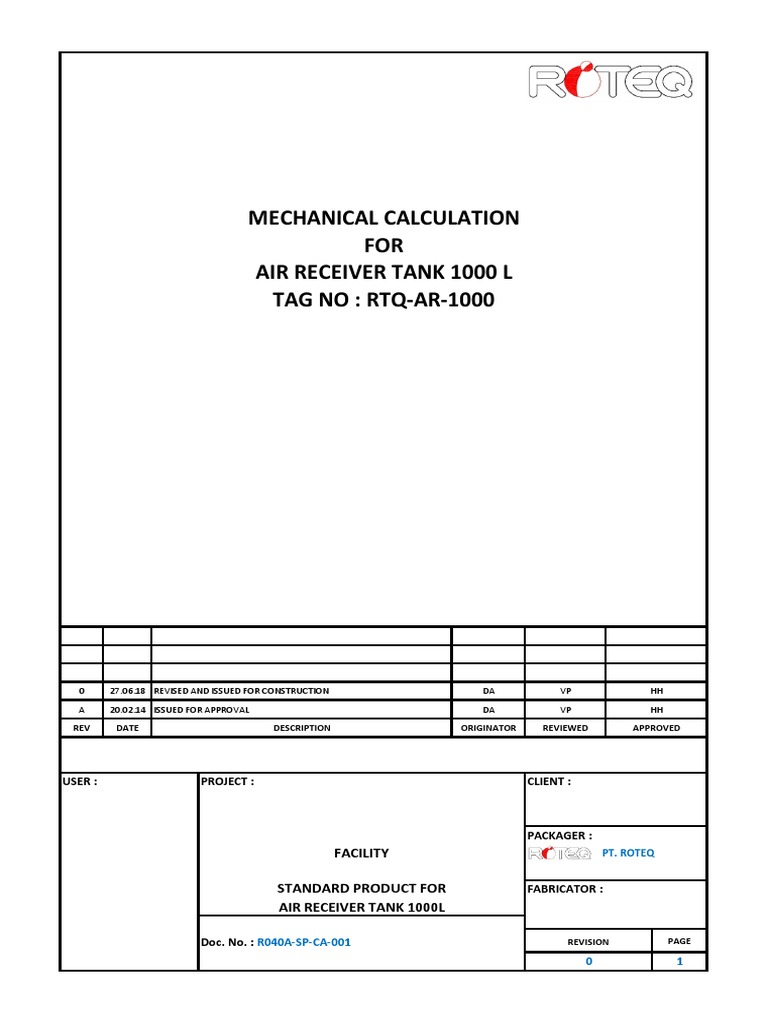 Mechanical Calculation FOR Air Receiver Tank 1000 L TAG NO: RTQ AR 1000 ...
