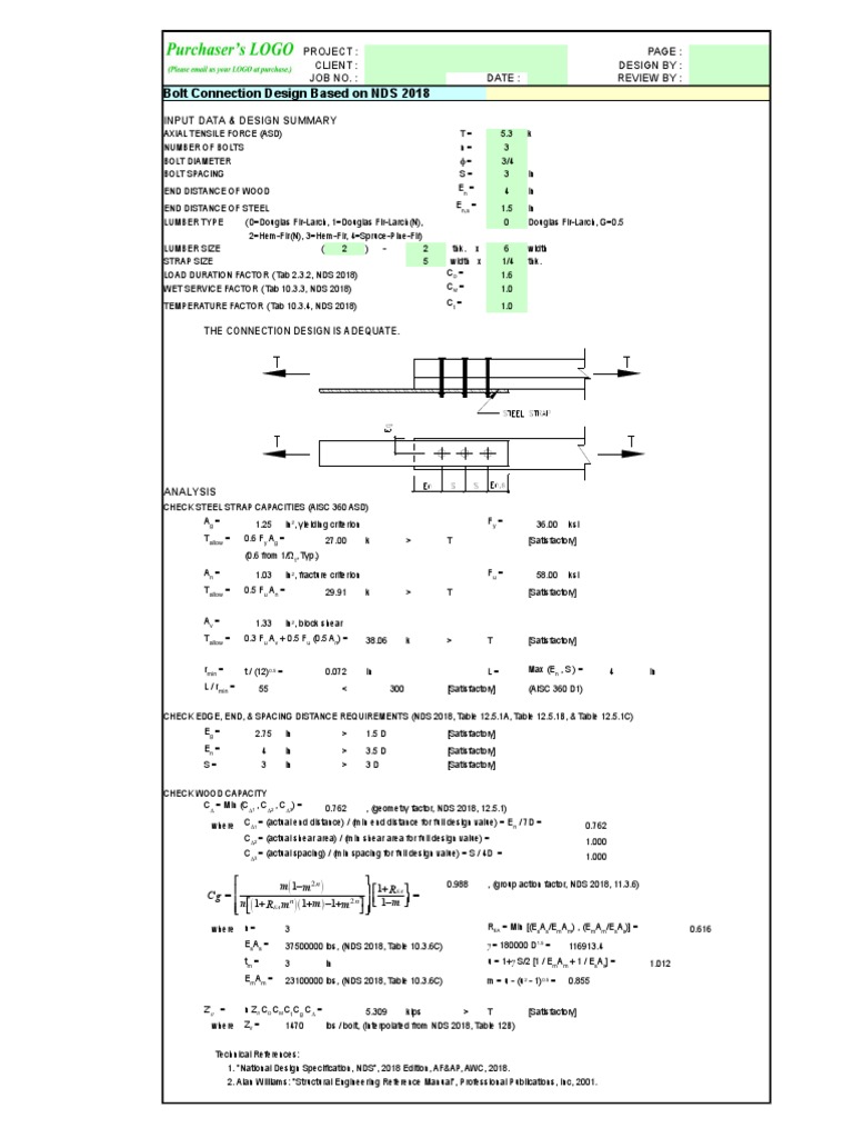 Bolt Connection Design Based On NDS 2018: Input Data & Design Summary ...