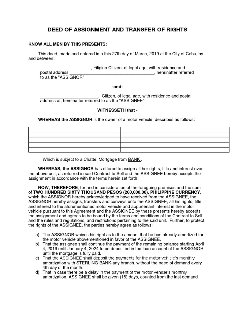 Deed of Assignment | PDF | Assignment (Law) | Real Property Law