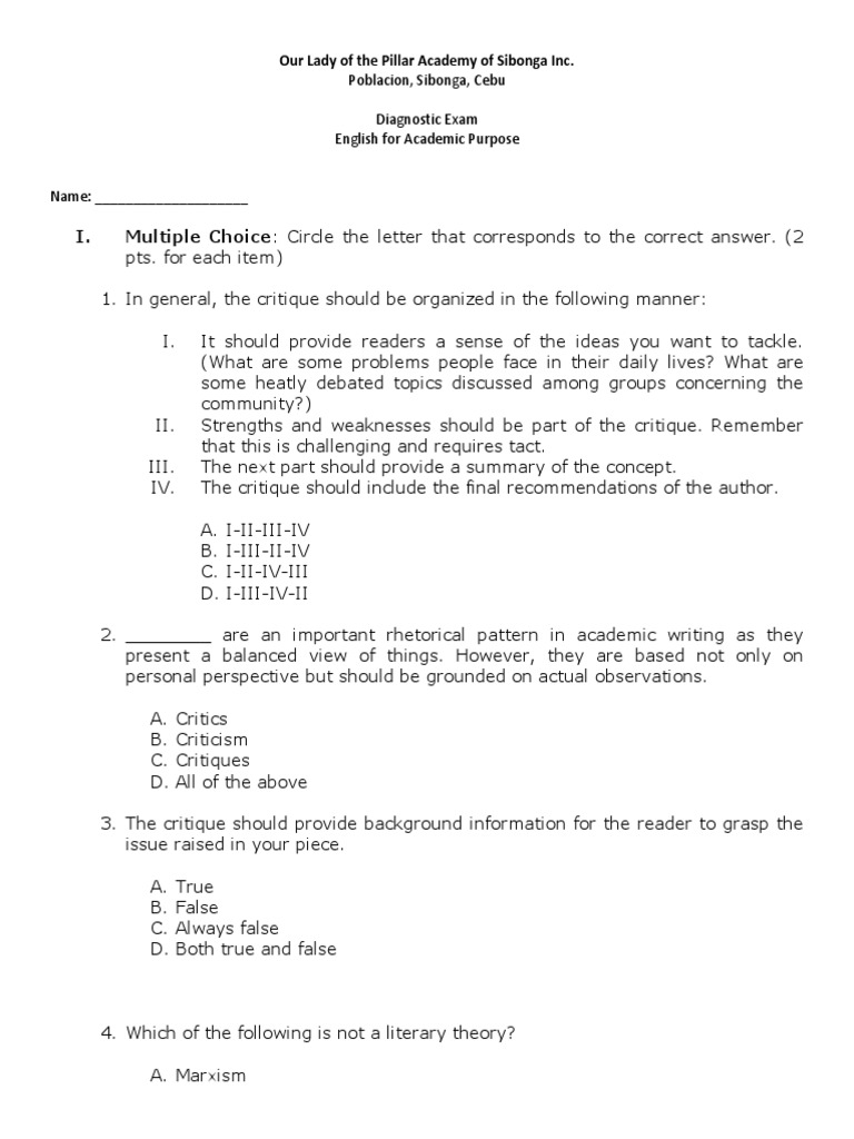 I. Multiple Choice: Circle The Letter That Corresponds To The Correct ...
