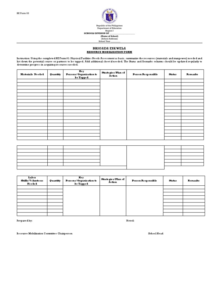 Be Form 3 Resource Mobilization Form 1 | PDF