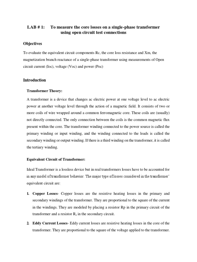 Core and Copper Losses of A Single Phase Transformer | PDF ...