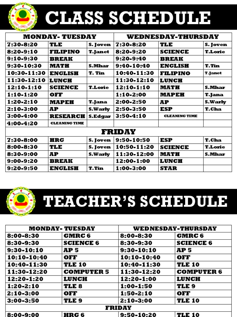 Class Schedule: Monday-Tuesday Wednesday-Thursday | PDF