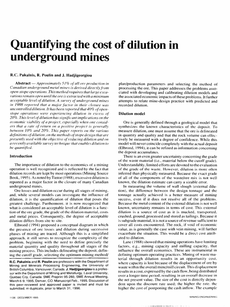Z Quantifying The Cost of Dilution in Underground Mines PDF | PDF | Ton ...