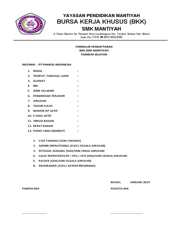 Formulir BKK Mantiyah | PDF