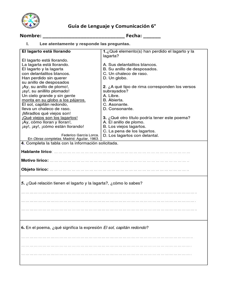 Guía de Lenguaje y Comunicación 6 LOS LAGARTOS | PDF