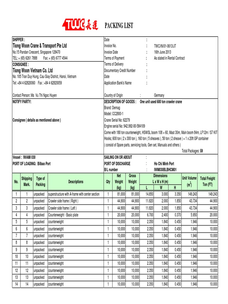 Packing List Demag CC2800-1 | PDF | Crane (Machine) | Ships