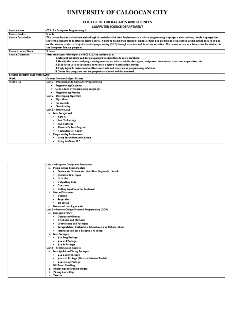 BSCS OBE Syllabus For Computer Programming 1 | PDF | Programming Language | Object Oriented ...