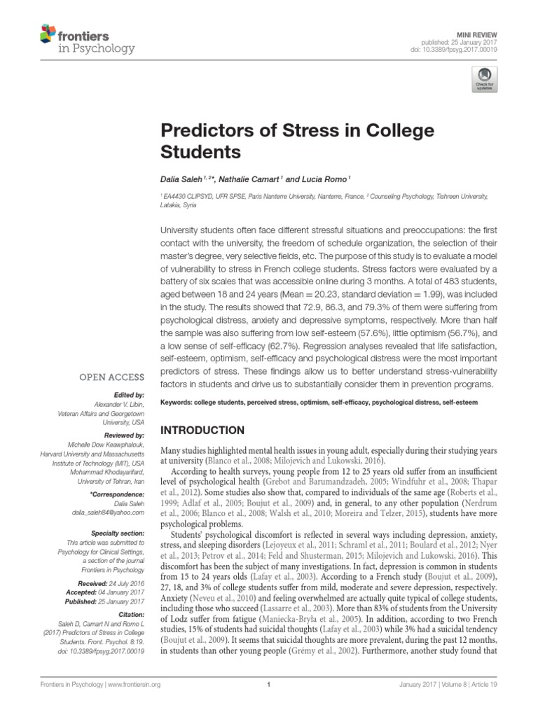 Predictors of Stress in College Students: Dalia Saleh, Nathalie Camart ...