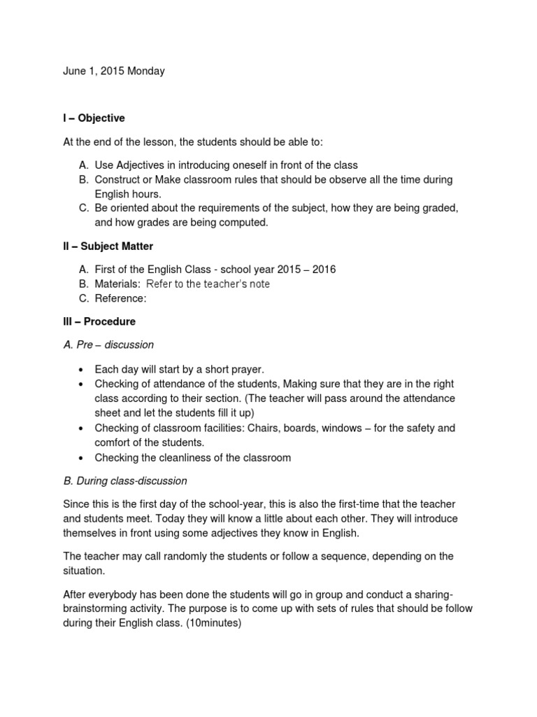 First Day Lesson Plan 7 | PDF | Classroom | English Language