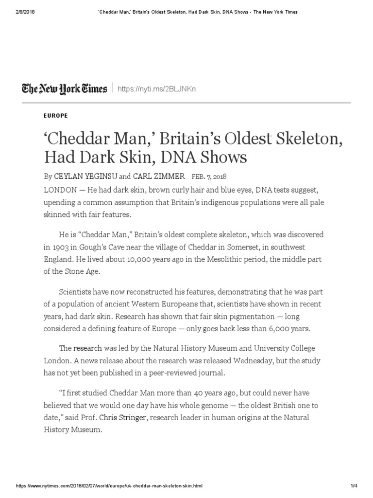 Cheddar Man,' Britain's Oldest Skeleton, Had Dark Skin, DNA Shows | PDF ...