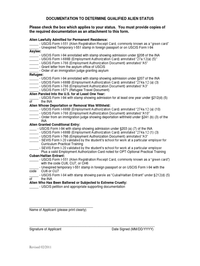 43 Qualified Alien Status Form | PDF | Immigration To The United States ...