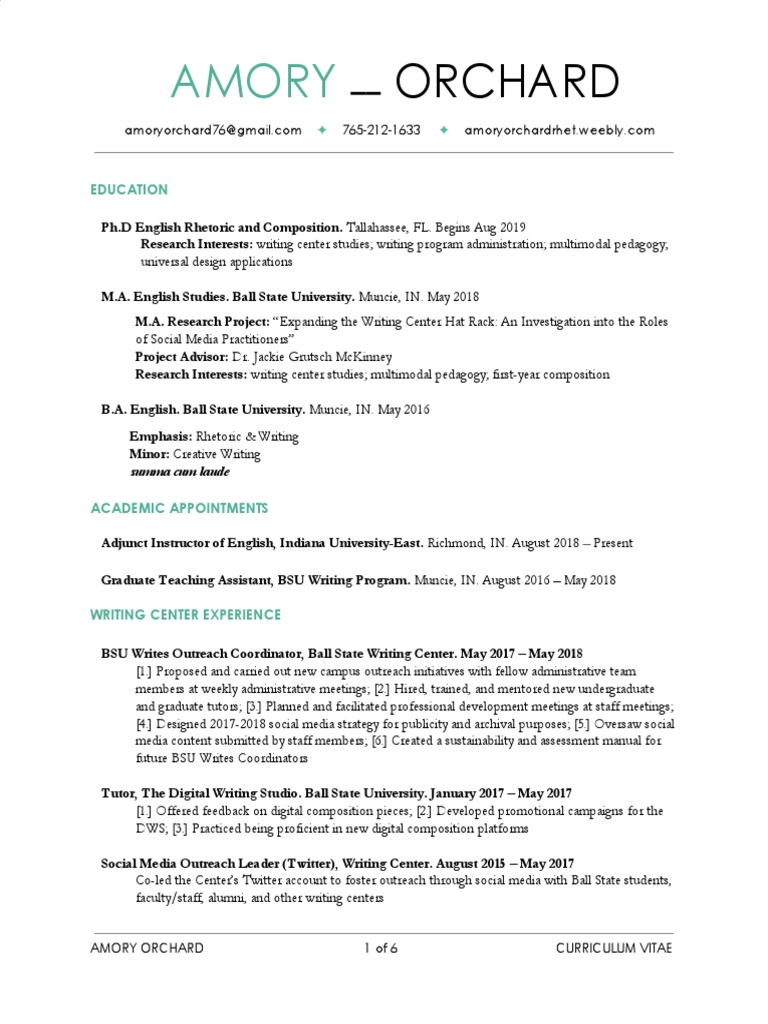Amory Orchard - CV - Updated June 2019 | PDF | Rhetoric | Graduate School
