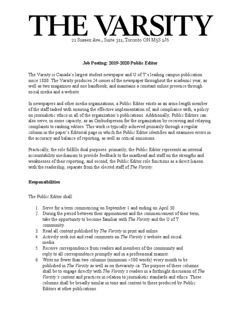 Public Editor Job Posting | PDF | Newspapers | Journalism