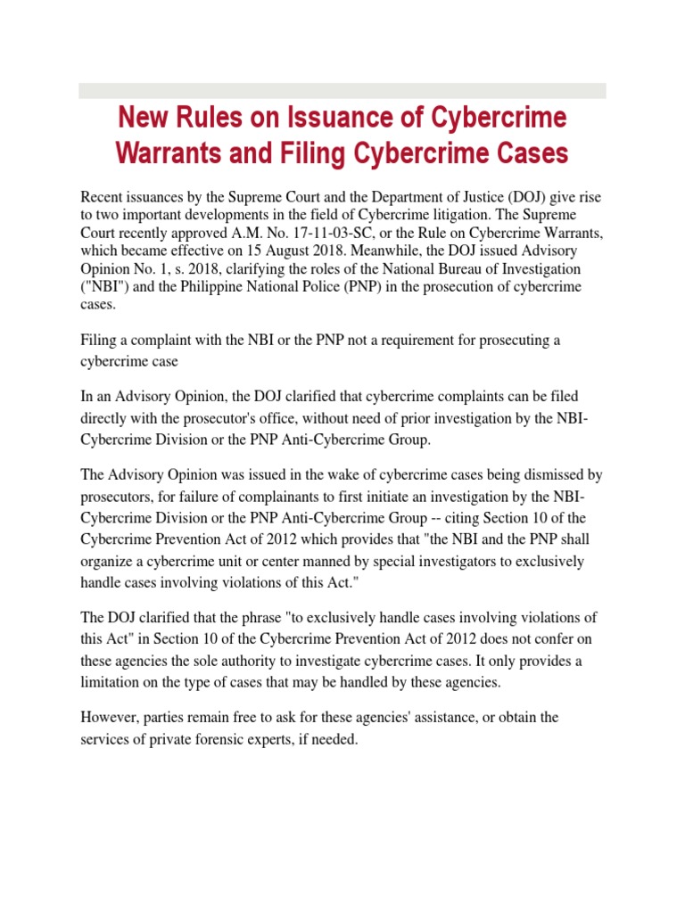 Cybercrime Case Filing and Warrants Guide | PDF | Search Warrant ...