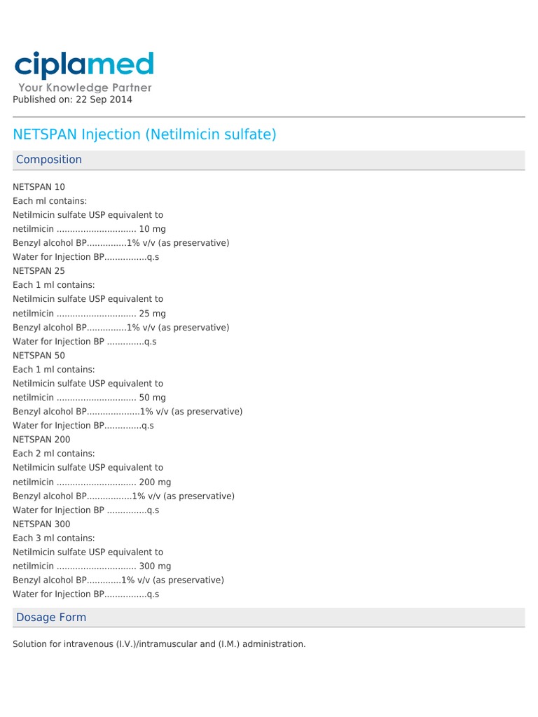 NETSPAN Injection (Netilmicin Sulfate) : Composition | PDF | Dose ...