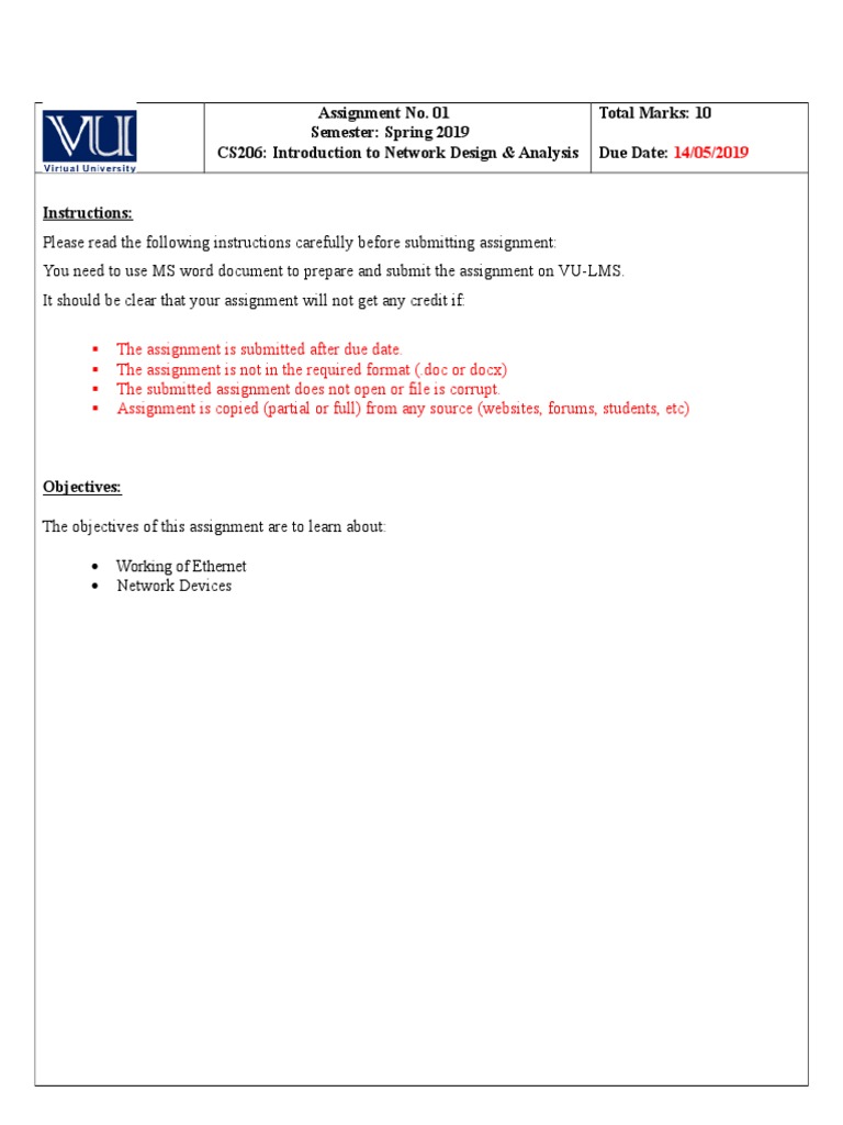 Assignment No. 01 Semester: Spring 2019 CS206: Introduction To Network Design & Analysis Total ...