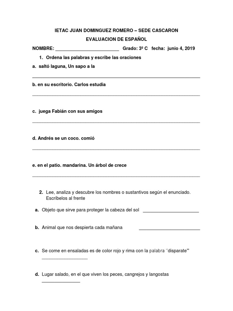Evaluación de Español 3º Grado | PDF | Estudios de idiomas extranjeros
