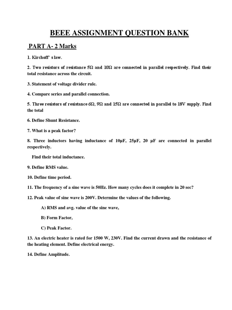Beee Assignment Question Bank: PART A-2 Marks | PDF