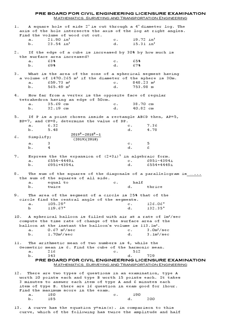 2nd PRE BOARD FOR CIVIL ENGINEERING LICENSURE EXAMINATION | PDF | Area ...