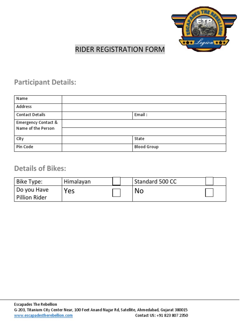 Rider Registration Form: Participant Details | PDF | Motorcycle ...