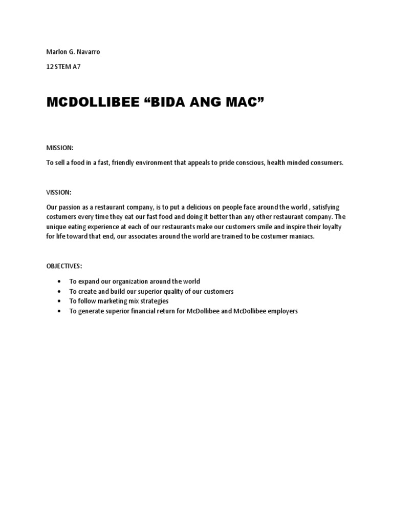 McDollibee Mission, Vision, Objectives | PDF