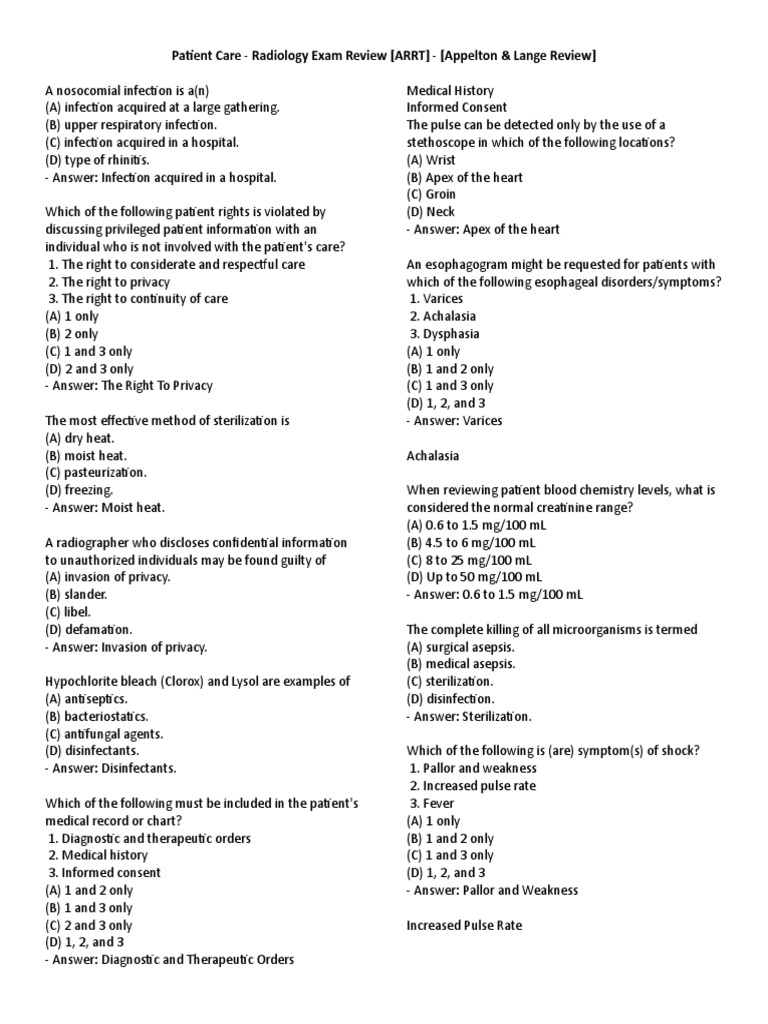 Patient Care - Radiology Exam Review (ARRT) - (Appelton & Lange Review ...