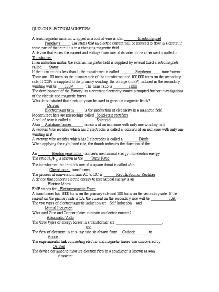 Quiz On Electromagnetism PDF | PDF | Rectifier | Electromagnetic Induction