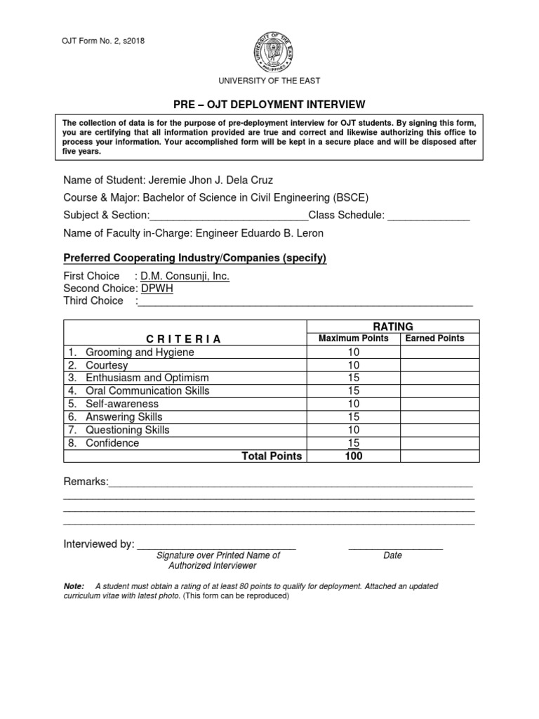 PRE - Ojt Deployment Interview: OJT Form No. 2, s2018 | PDF | Cognition ...