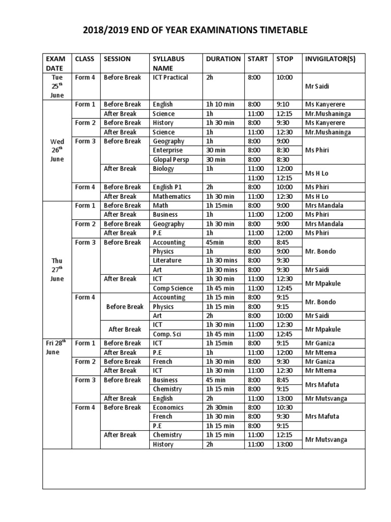 End of Year Exam Timetable 2018 - 2019 - v4 | PDF | Science | Academia