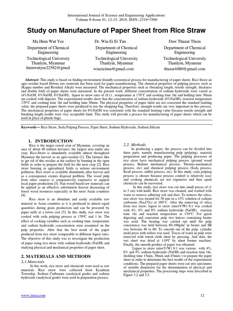 Study On Manufacture of Paper Sheet From Rice Straw | PDF | Sodium ...