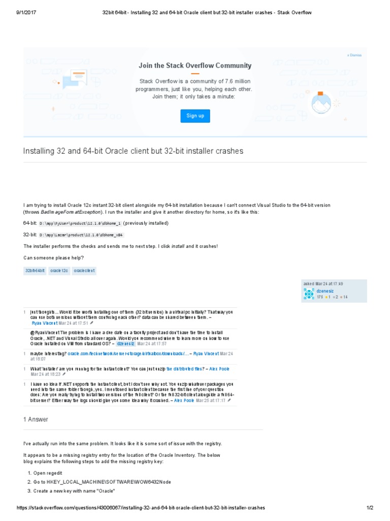 32bit 64bit - Installing 32 and 64-Bit Oracle Client But 32-Bit Installer Crashes - Stack ...