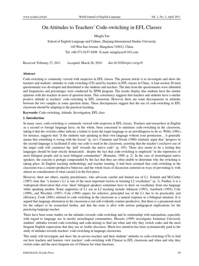 On Attitudes To Teachers' Code-Switching in EFL Classes | PDF | English ...