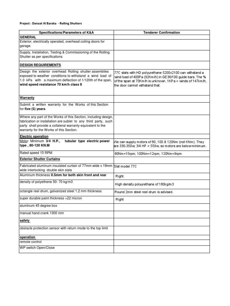 Rolling Shutter Technical Compliance Sheet | PDF