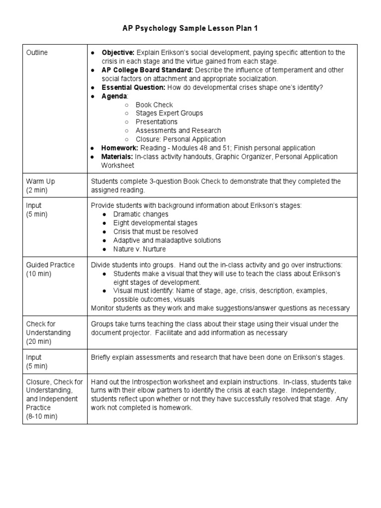 AP Psychology Sample Lesson Plan 1: Agenda | PDF | Developmental ...