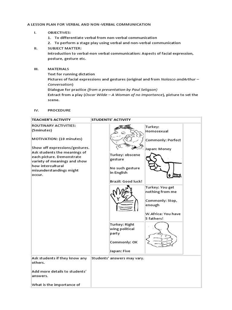 A Lesson Plan For Verbal and Non-Verbal | PDF | Nonverbal Communication ...