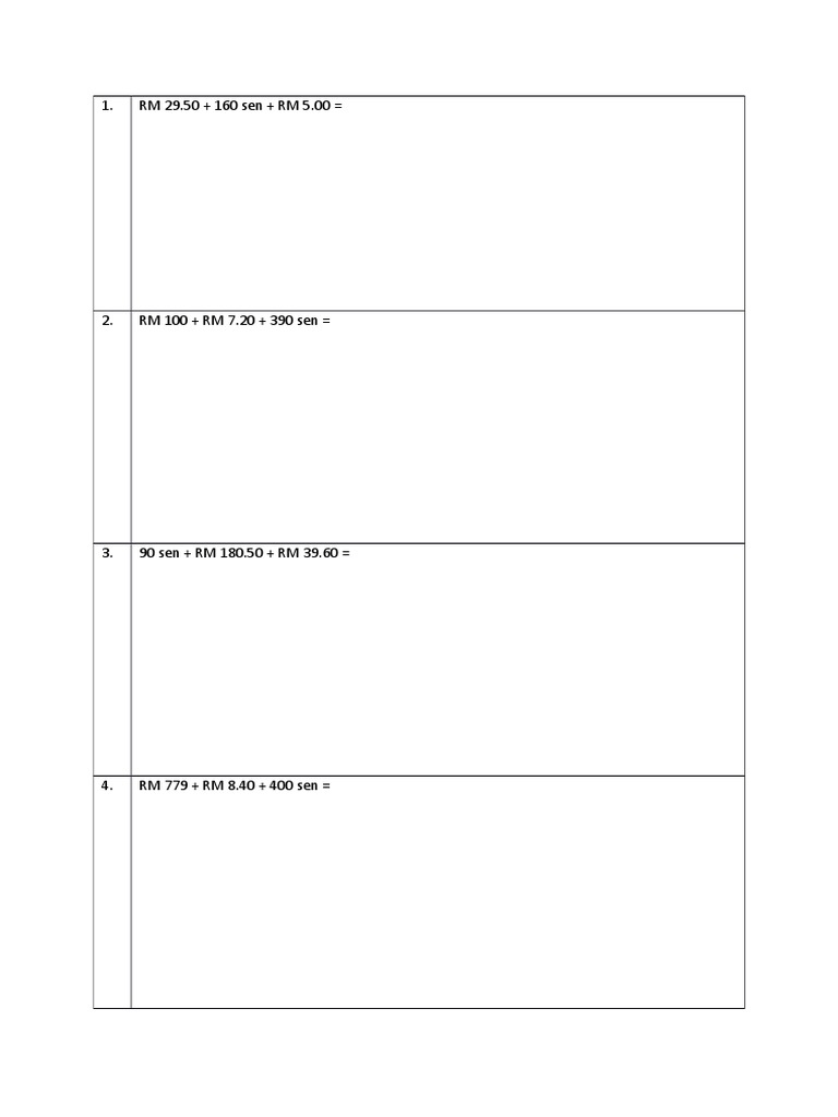 Math word problems addition money Malaysian currency sen Ringgit | PDF