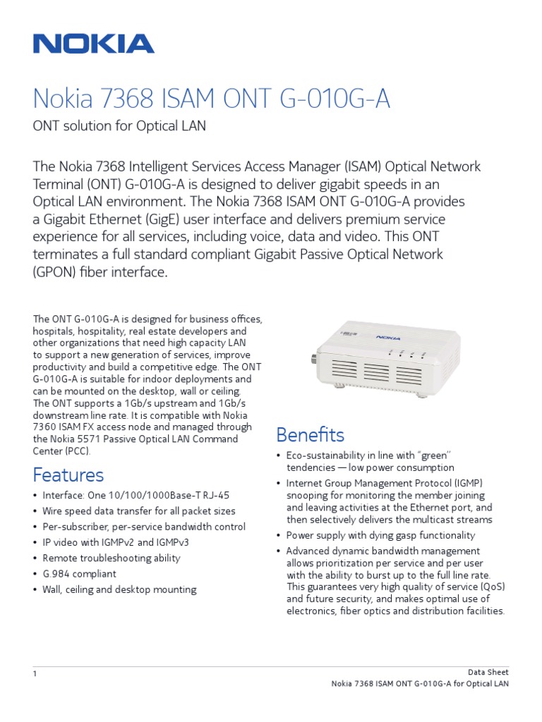 Nokia 7368 ISAM ONT G-010G-A for Optical LAN Data Sheet En | Quality Of ...