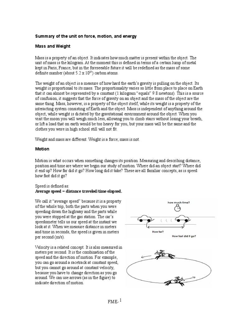 Summary of The Unit On Force, Motion, and Energy Mass and Weight | PDF ...