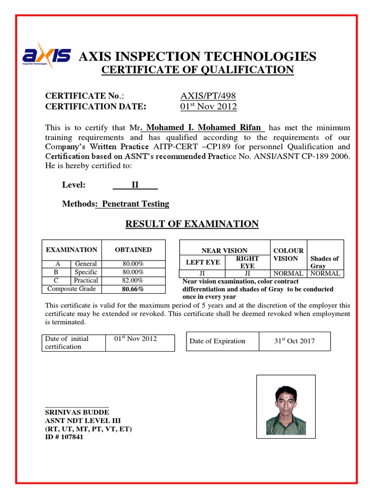 Axis Inspection Certification for Mohamed Rifan | PDF