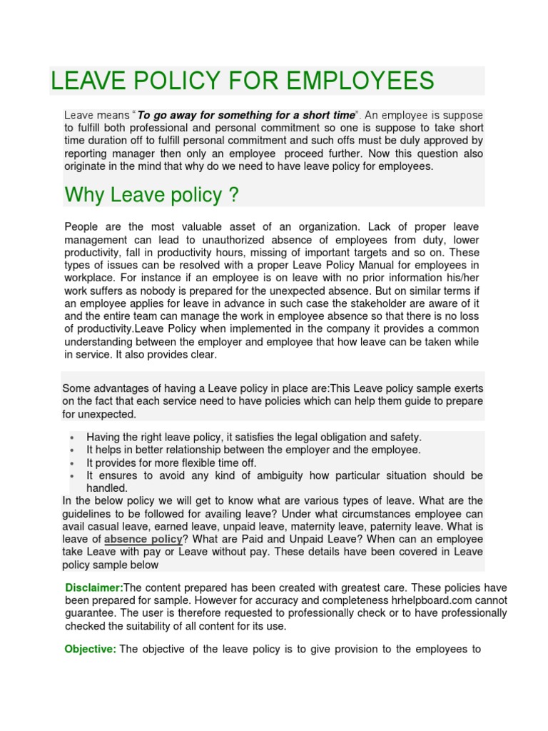 Leave Policy For Employees | PDF | Parental Leave | Leave Of Absence