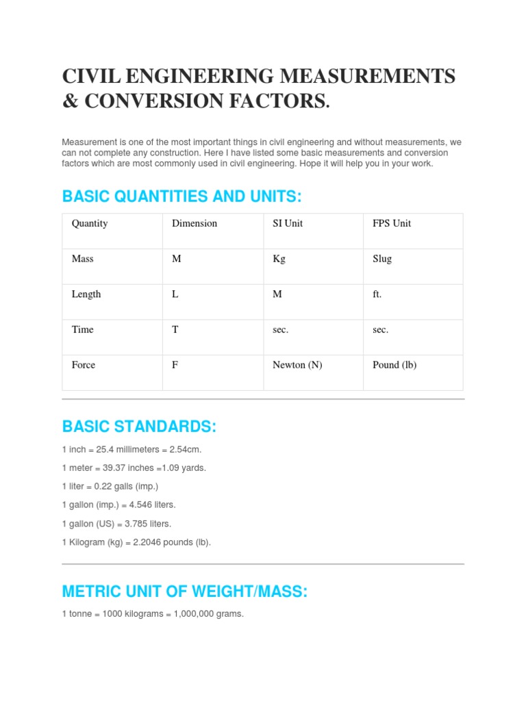 Civil Engineering Measurements & Conversion Factors.: Basic Quantities ...
