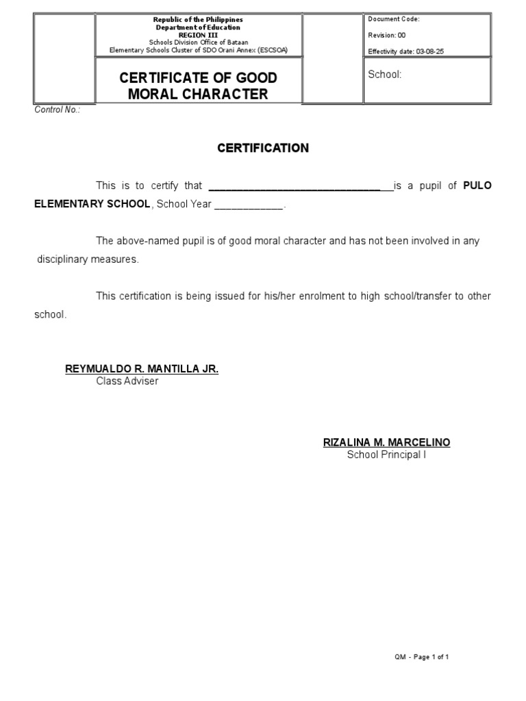 Certificate of Good Moral Character | PDF