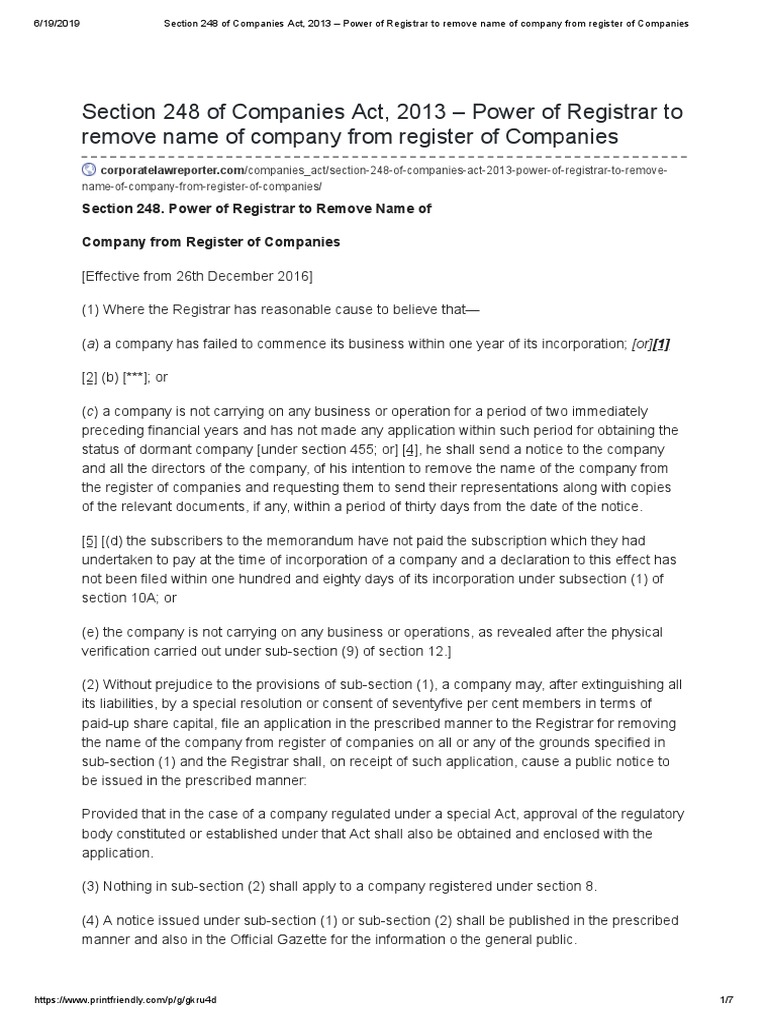 Section 248 of Companies Act, 2013 - Power of Registrar To Remove Name of Company From Register ...