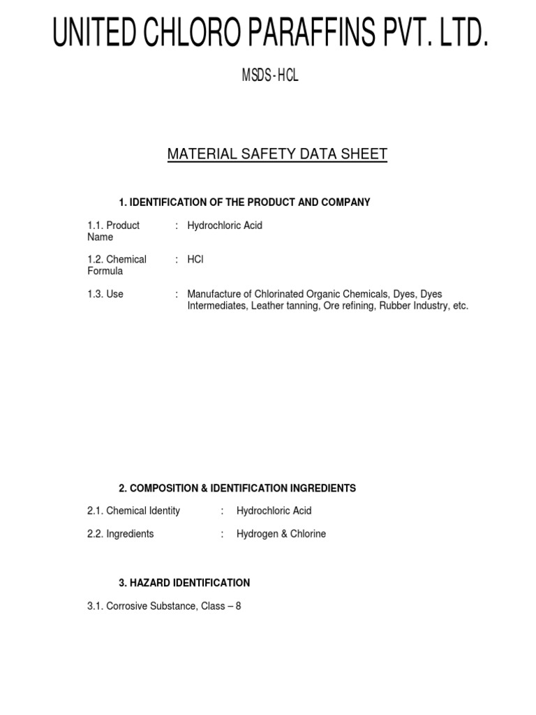 MSDS | PDF | Chlorine | Hydrochloric Acid