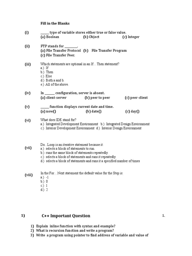 Fill in The Blanks: C++ Important Question | PDF | C (Programming Language) | Subroutine