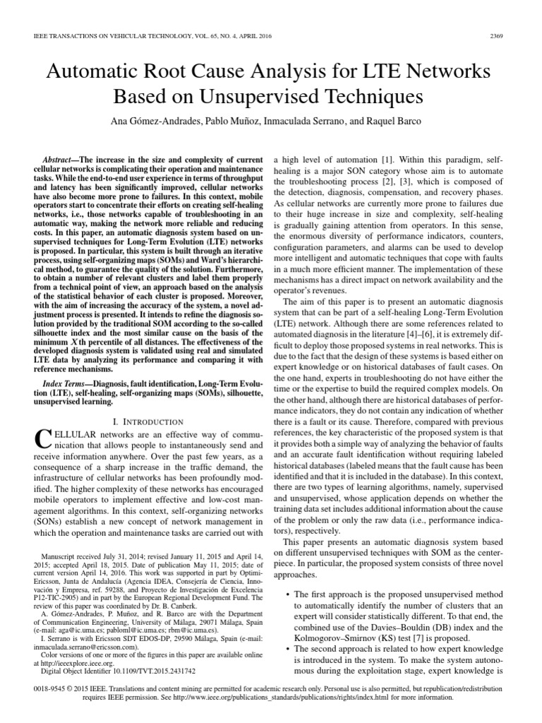 Automatic Root Cause Analysis For LTE Networks Based On Unsupervised Techniques | PDF | Cluster ...