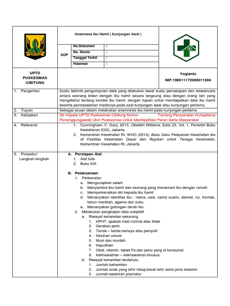 SOP Anamnesa Ibu Hamil K1 | PDF